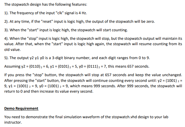 Part 4: Stopwatch Design This project is to design a | Chegg.com