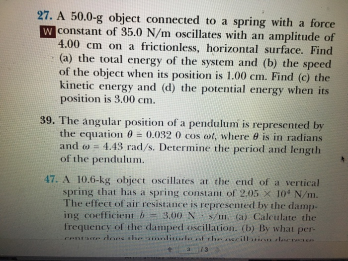 Solved 27. A 50.0-g object connected to a spring with a | Chegg.com