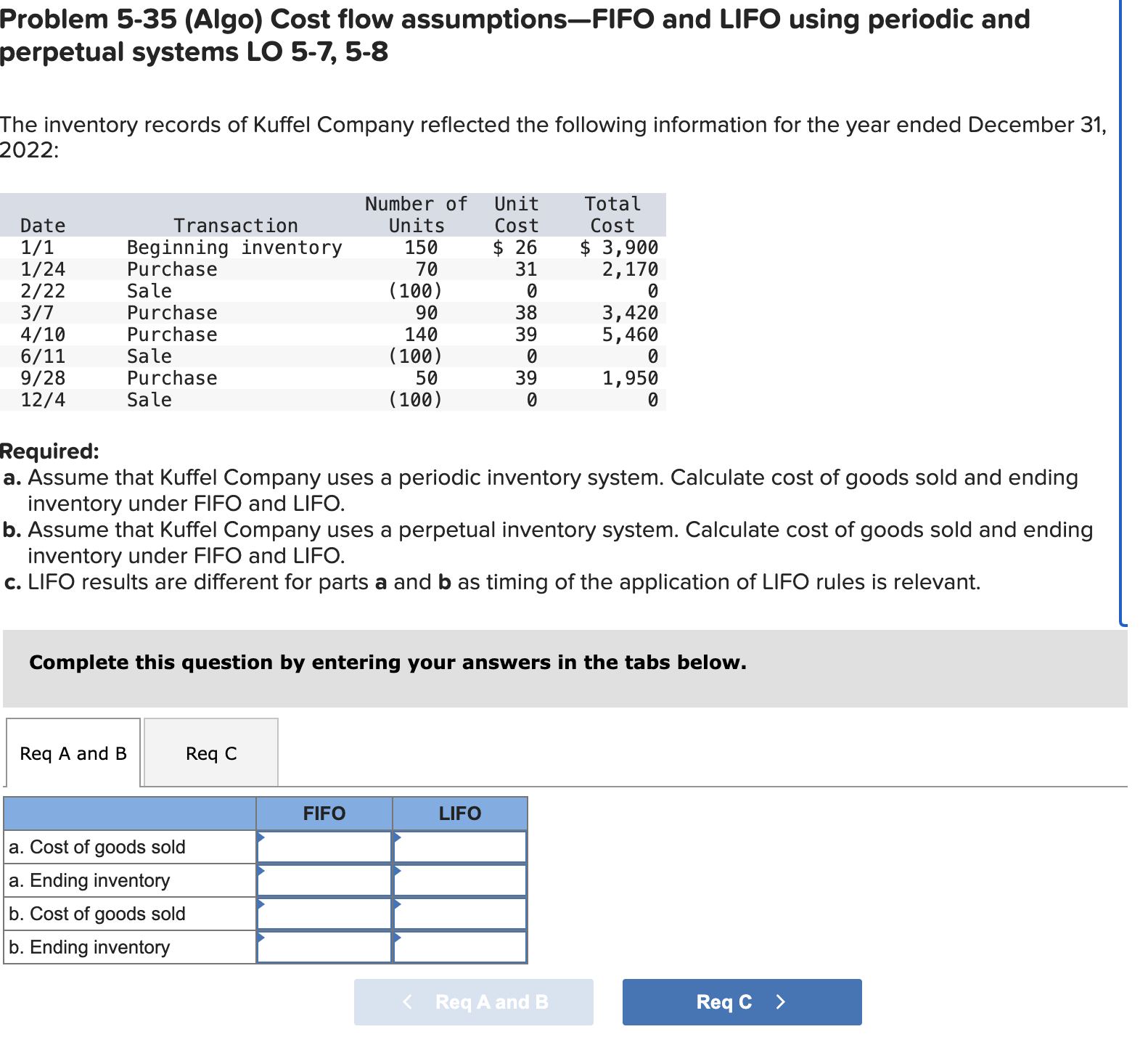 Solved Problem 5-35 (Algo) Cost flow assumptions—FIFO and | Chegg.com