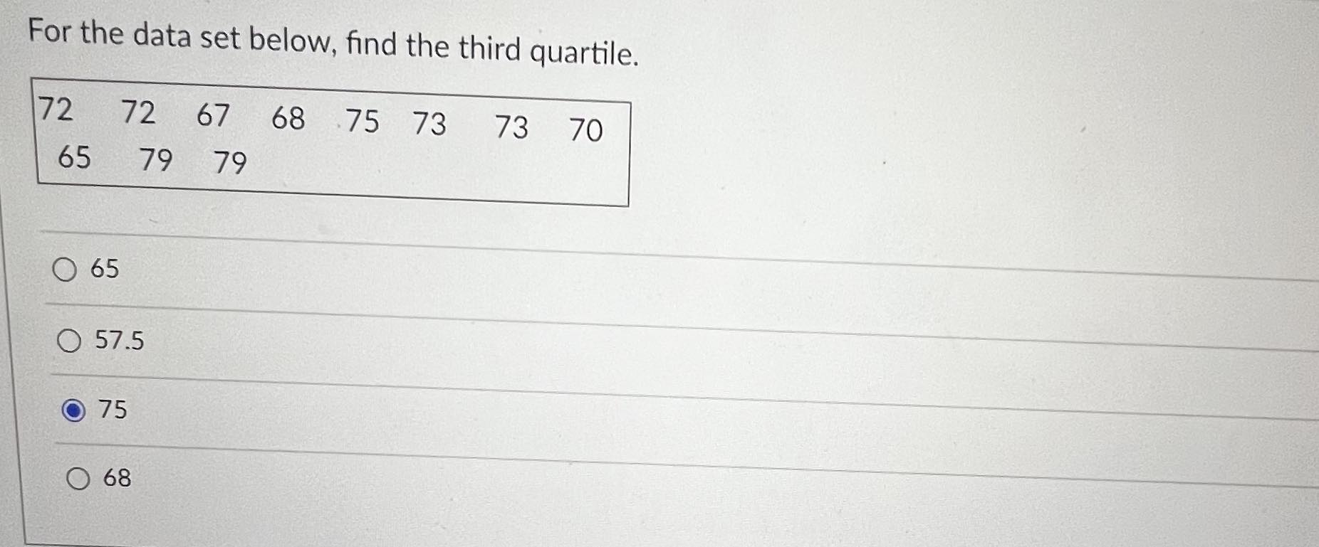 Solved For the data set below, find the third quartile. 65 | Chegg.com
