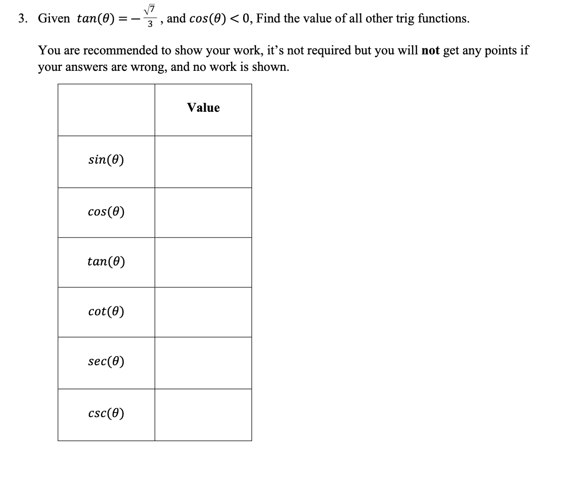 Solved 3. Given tan(0) 17 3 =- and cos(0)