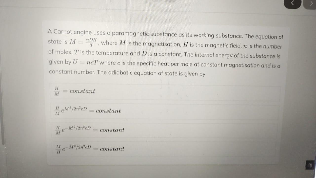 Solved A Carnot engine uses a paramagnetic substance as its | Chegg.com