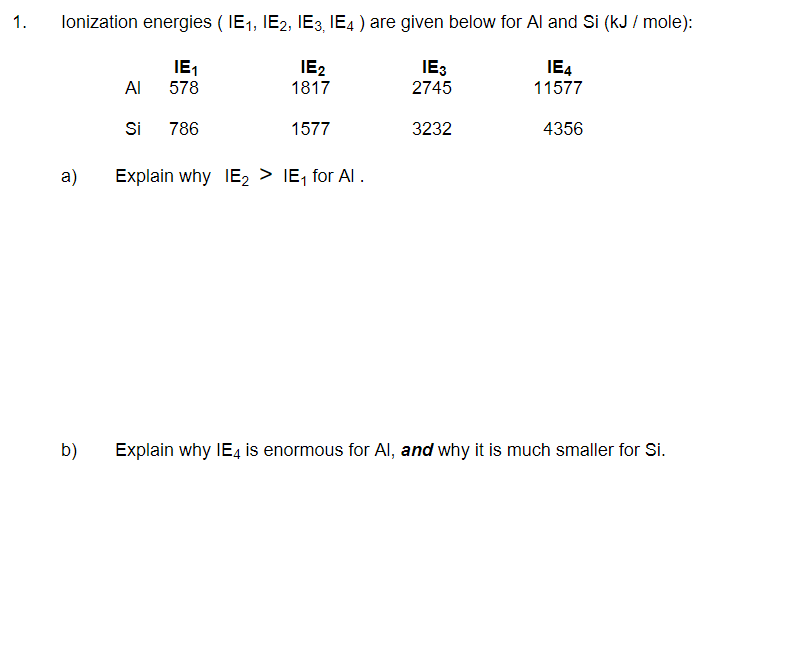 Ionization energies ( IE1,IE2,IE3,IE4) are given | Chegg.com