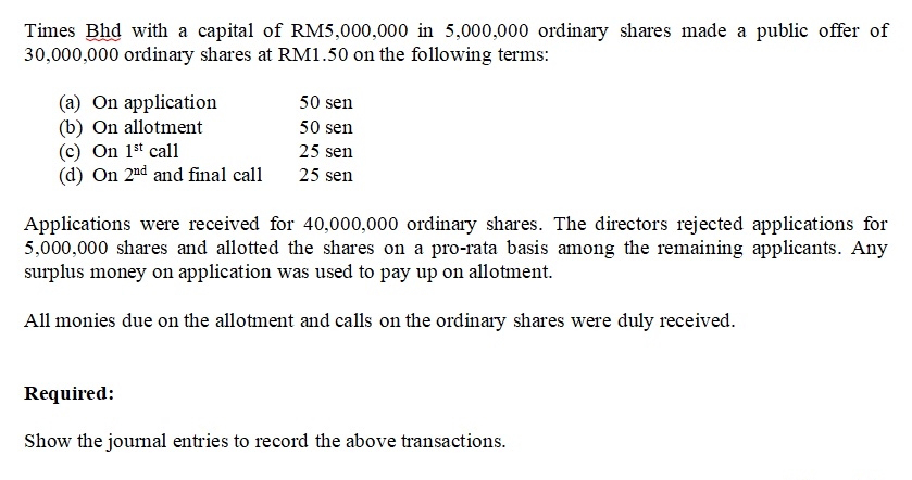 Solved Times Bhd with a capital of RM5,000,000 in 5,000,000 | Chegg.com