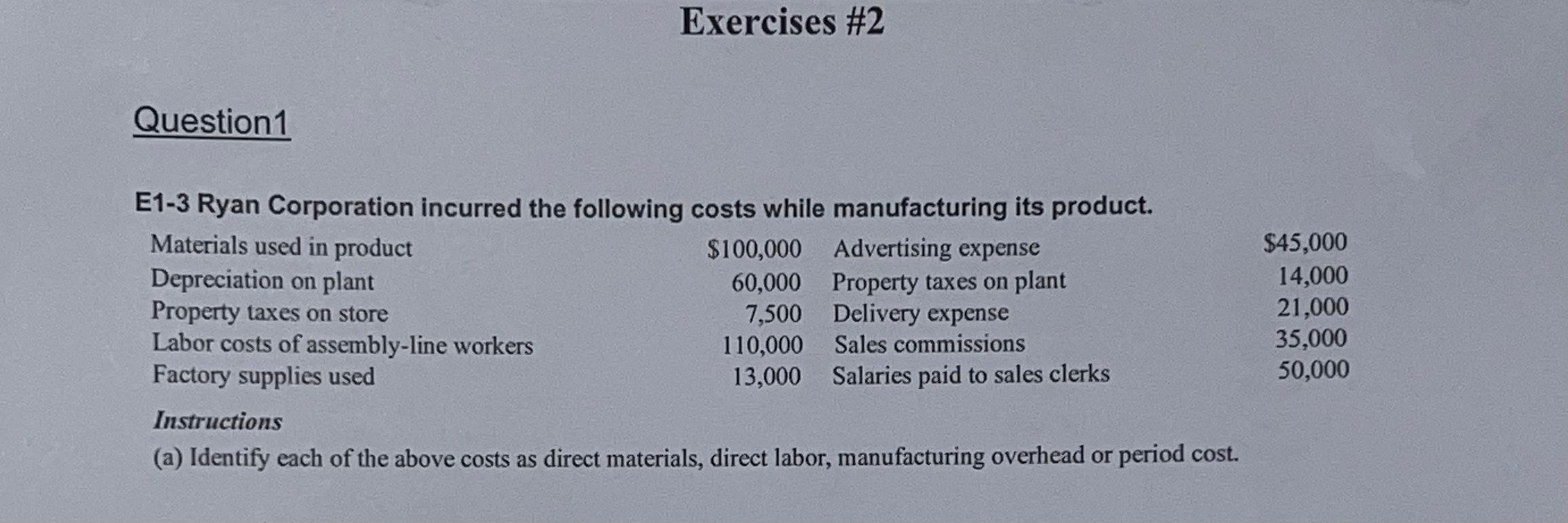 Solved Exercises \#2 Question1 E1-3 Ryan Corporation | Chegg.com