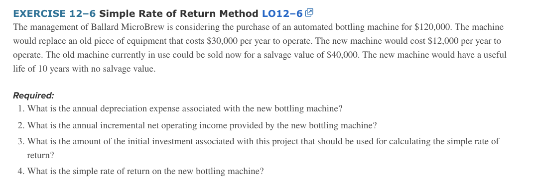 Solved EXERCISE 12-6 Simple Rate of Return Method L012-60 | Chegg.com