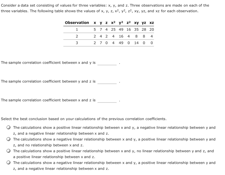 Solved Consider a data set consisting of values for three | Chegg.com