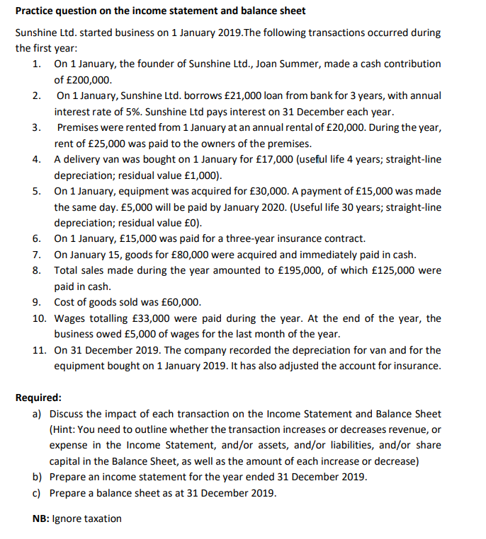 Solved Practice question on the income statement and balance | Chegg.com