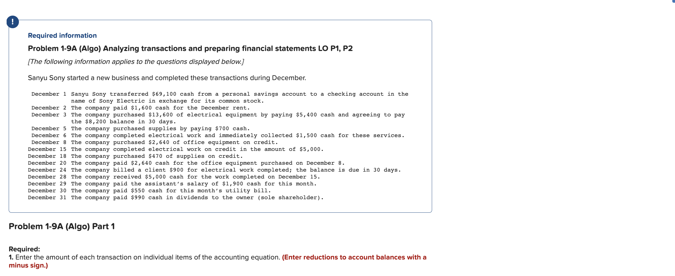 Solved Required information Problem 1-9A (Algo) Analyzing | Chegg.com