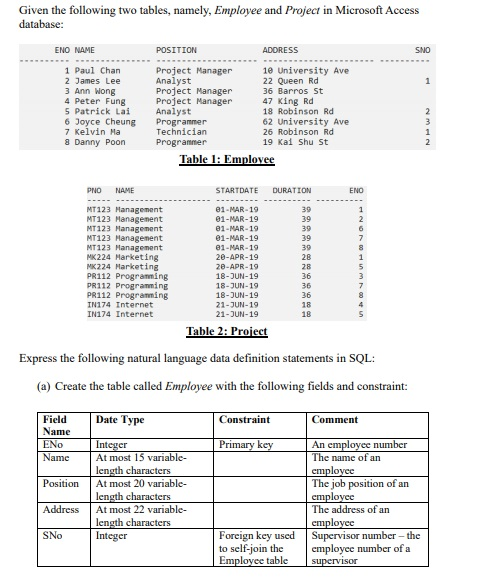 Solved Given the following two tables, namely, Employee and | Chegg.com
