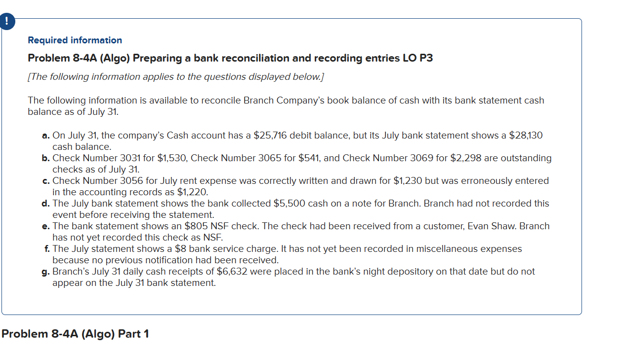 Solved Problem 8-4A (Algo) Preparing a bank reconciliation | Chegg.com