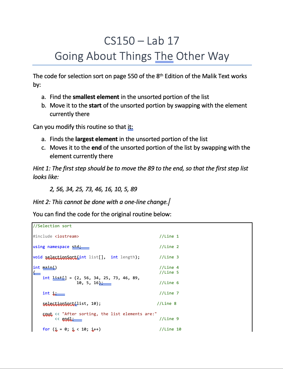 Solved CS150 – Lab 17 Going About Things The Other Way The | Chegg.com