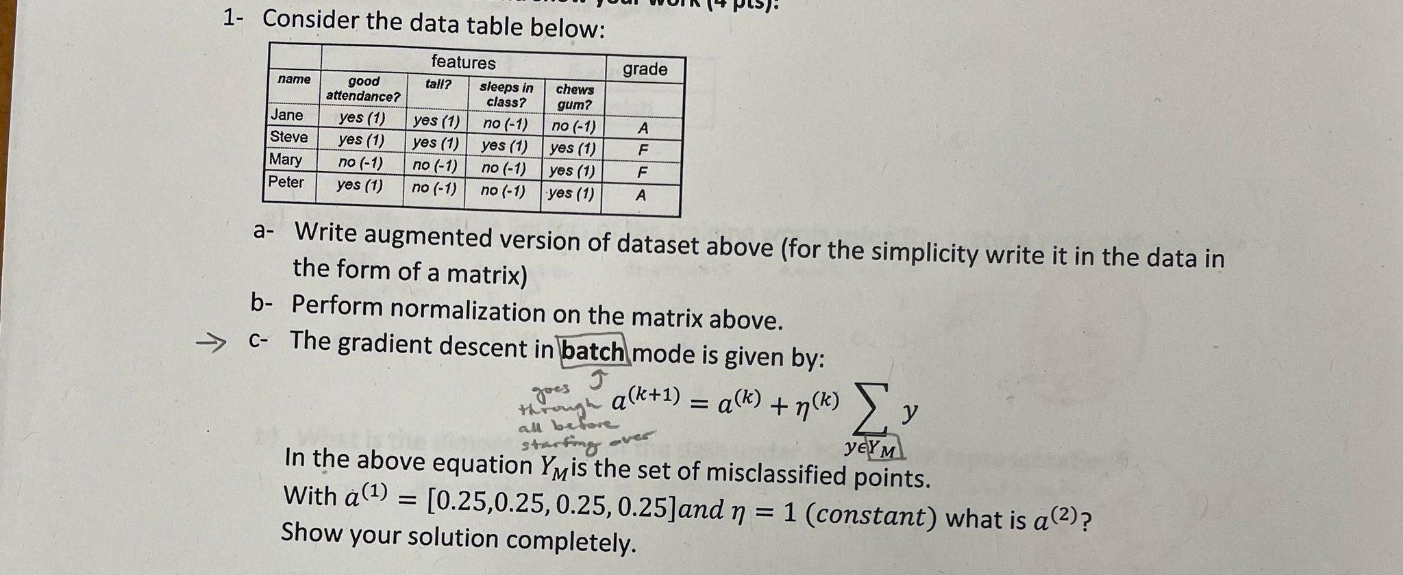 Solved 1- Consider the data table below: grade name features | Chegg.com