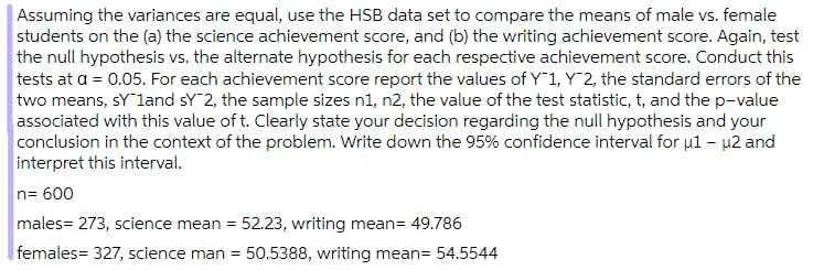 Assuming the variances are equal, use the HSB data | Chegg.com