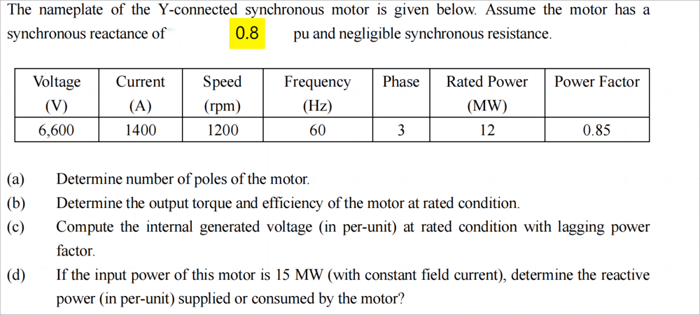 Solved The nameplate of the Y-connected synchronous motor is | Chegg.com