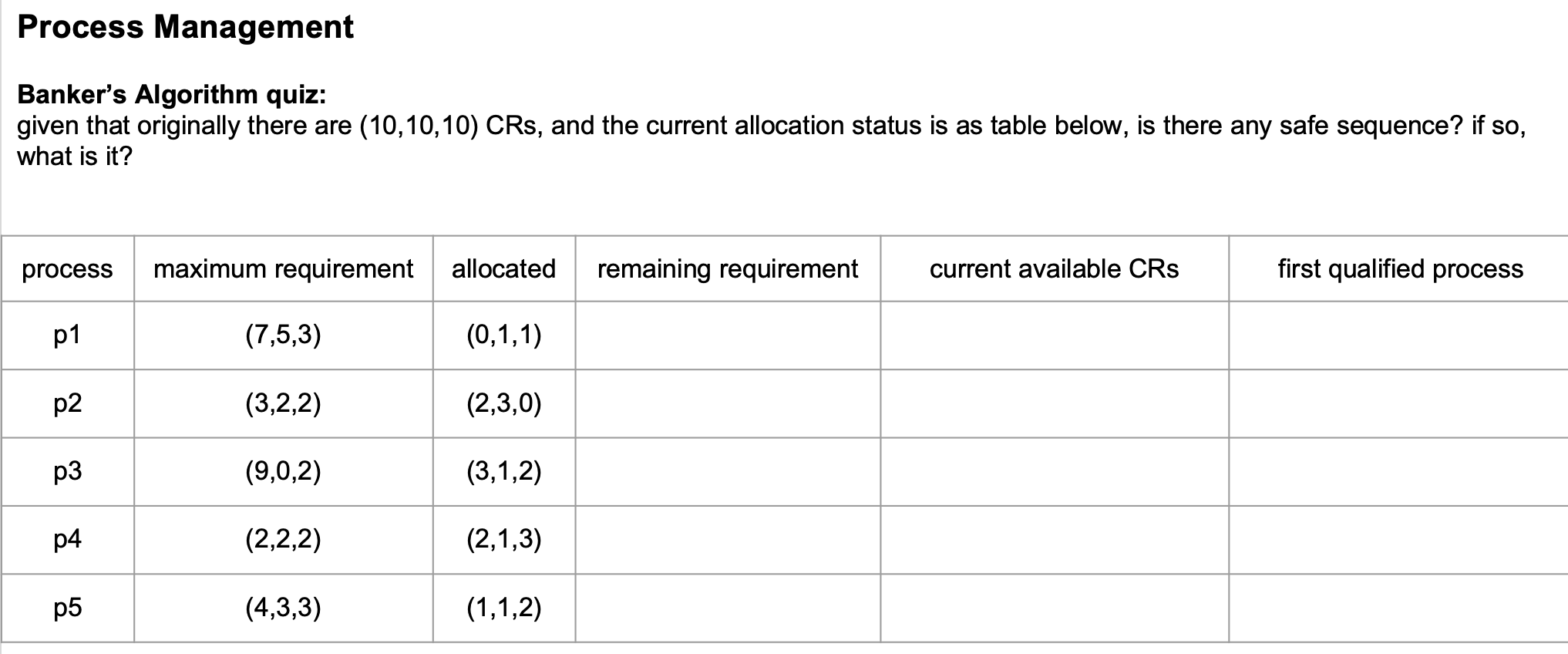 Solved Process Management Banker's Algorithm quiz: given | Chegg.com