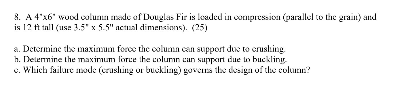 8. A 4"x6" wood column made of Douglas Fir is loaded | Chegg.com