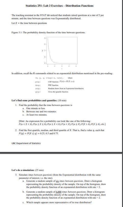 Statistics 251: Lab 3 Exercises - Distribution | Chegg.com