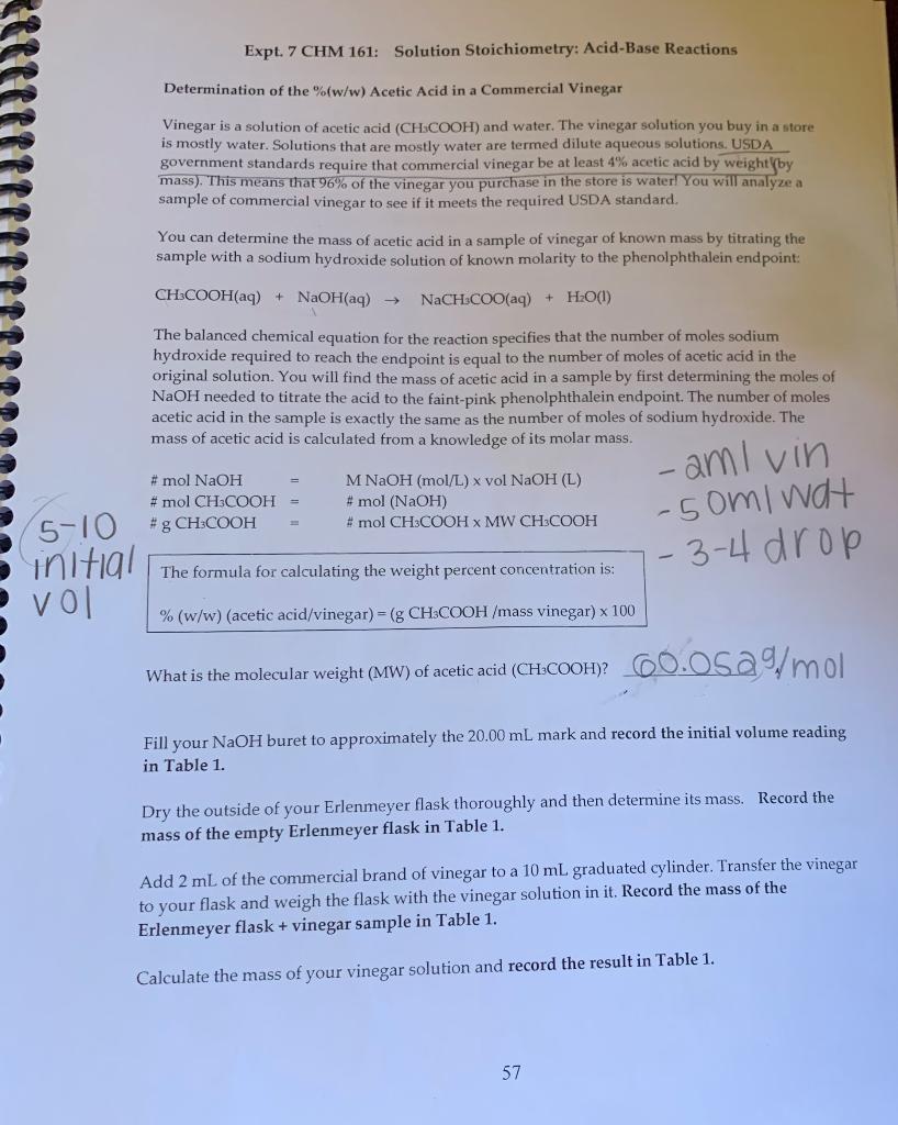 Expt. 7 CHM 161: Solution Stoichiometry: Acid-Base | Chegg.com