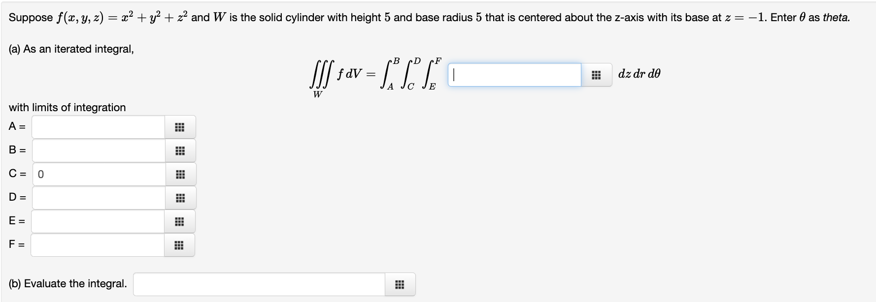 Solved Suppose f(x, y, z) = x2 + y2 + z2 and W is the solid | Chegg.com