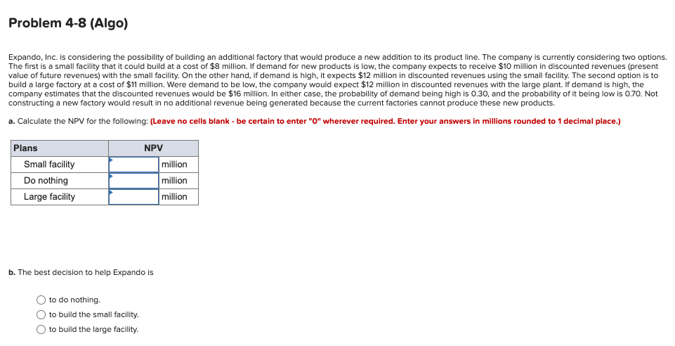 Solved Problem 4-8 (Algo) Expando, Inc. is considering the | Chegg.com