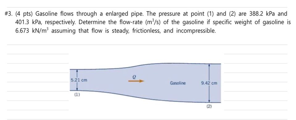 Solved #3. (4 pts) Gasoline flows through a enlarged pipe. | Chegg.com