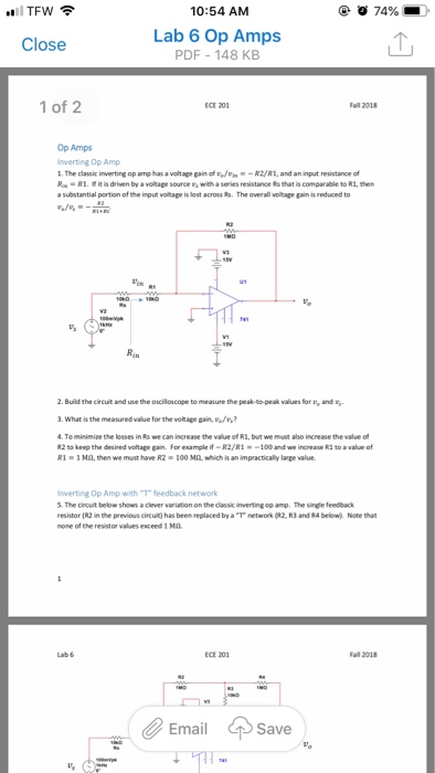 TFW 10:54 AM 7490 Lab 6 Op Amps PDF 148 KB Close 1 of | Chegg.com