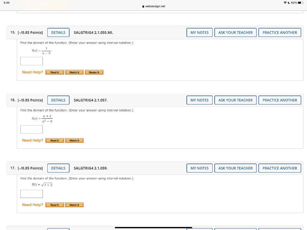 Solved 5:45 62% webassign.net 15. [-/0.85 Points) DETAILS | Chegg.com