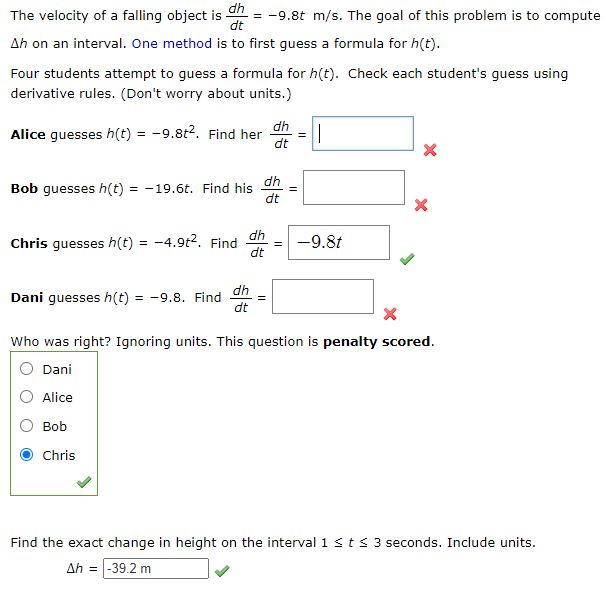 Solved Dh The Velocity Of A Falling Object Is 9 8t M S