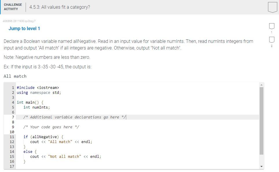 Solved CHALLENGE ACTIVITY 4.5.3: All values fit a category? | Chegg.com