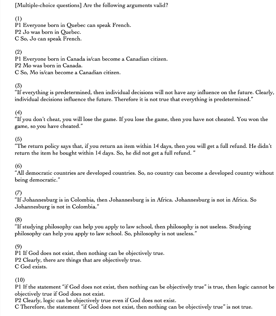 Solved (1) P1 Everyone born in Quebec can speak French. P2 | Chegg.com