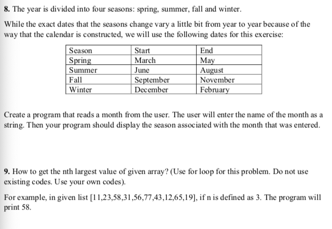 Solved 8. The year is divided into four seasons: spring, | Chegg.com