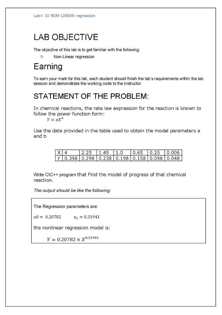 Lab# 10 NON-LINEAR regression LAB OBJECTIVE The | Chegg.com