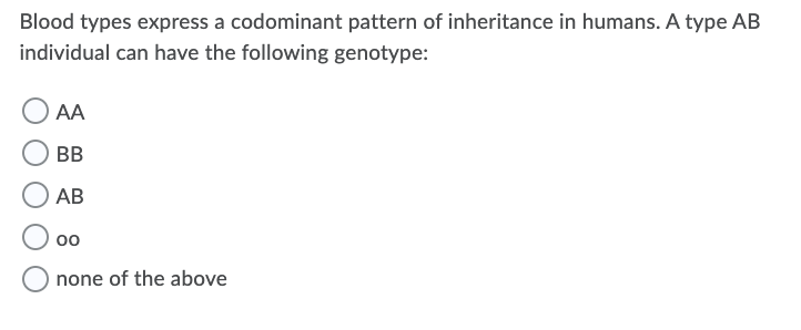 Solved Blood types express a codominant pattern of | Chegg.com