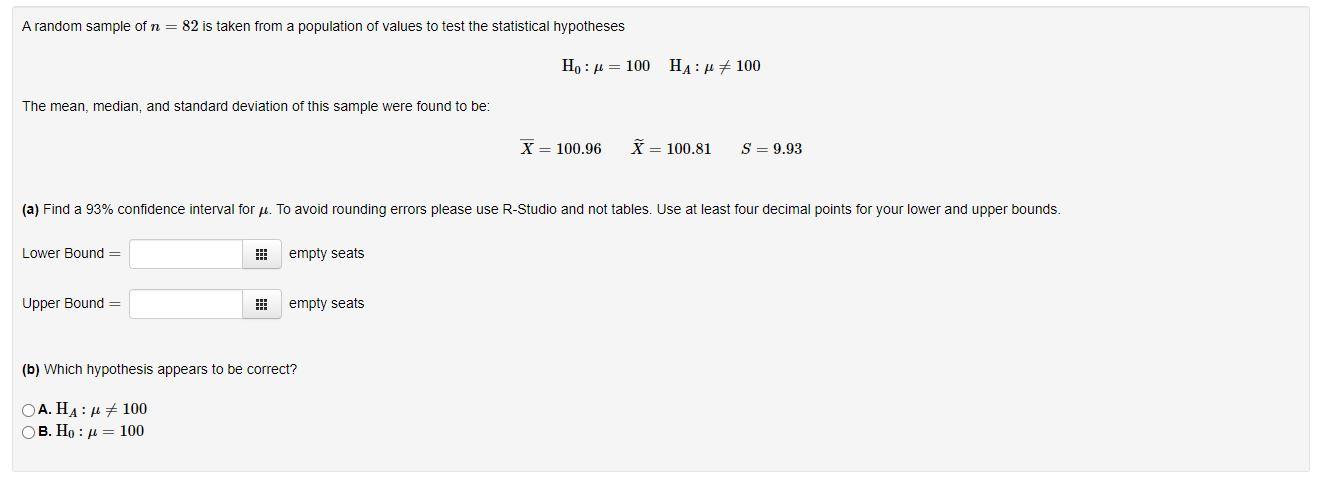 Solved A random sample of n = 82 is taken from a population | Chegg.com