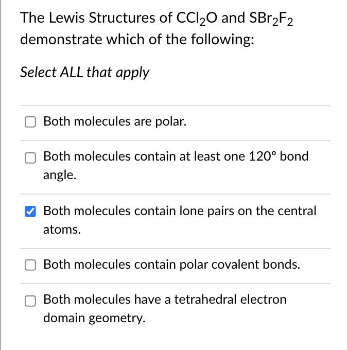 Solved The Lewis Structures of CCl20 and SBr2F2 demonstrate | Chegg.com
