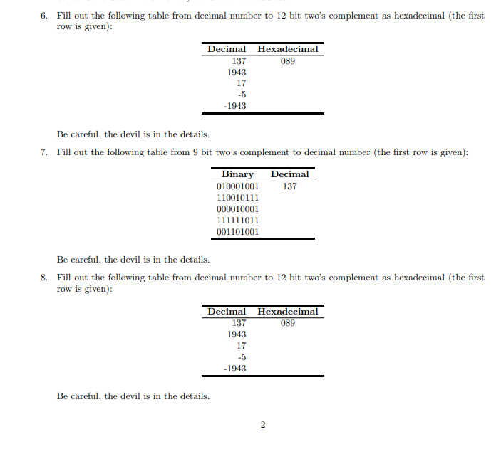 Solved 6. Fill out the following table from decimal number | Chegg.com