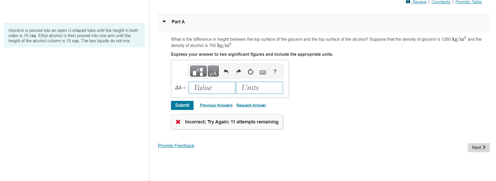 Solved Glycerin is poured into an open U-shaped tube until | Chegg.com