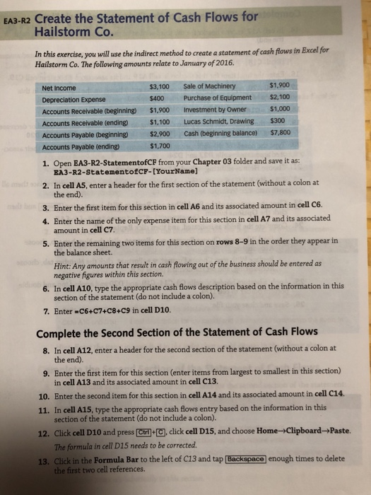 Solved EA3-R2 Create the Statement of Cash Flows for | Chegg.com