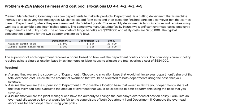 Solved Problem 4-25A (Algo) Fairness and cost pool | Chegg.com