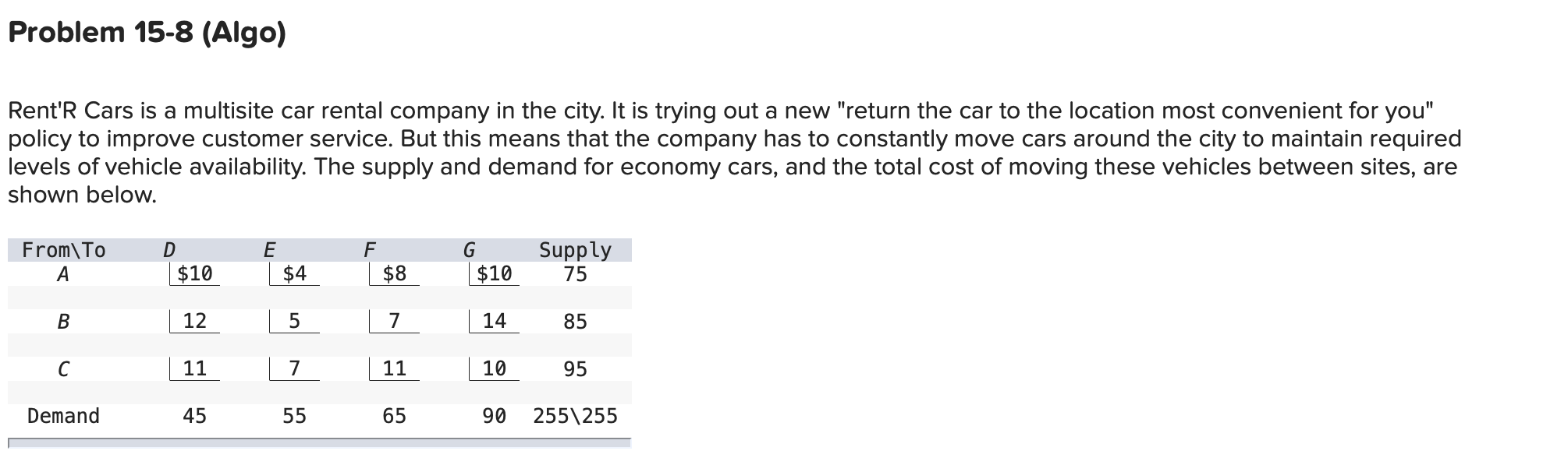 Solved Problem 15-8 (Algo) Rent'R Cars is a multisite car | Chegg.com