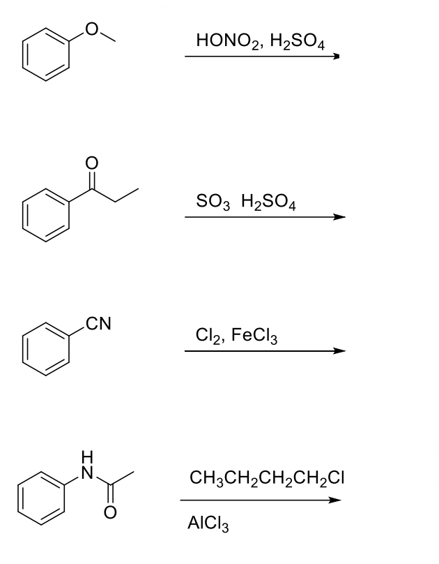 Solved HONO2, H2SO4 O SO3 H2SO4 CN Cl2, FeCl3 H N. | Chegg.com