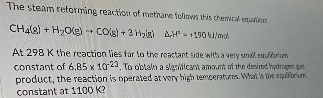 Solved The steam reforming reaction of methane follows this | Chegg.com
