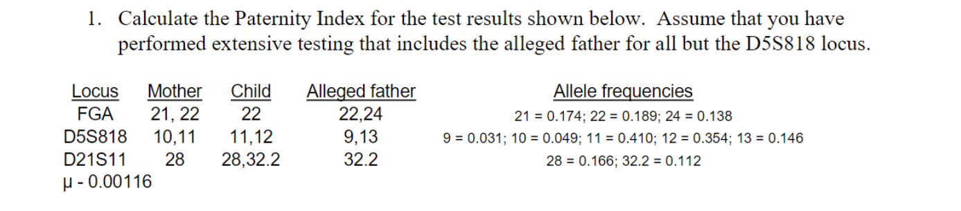 Solved Calculate the Paternity Index for the test results | Chegg.com