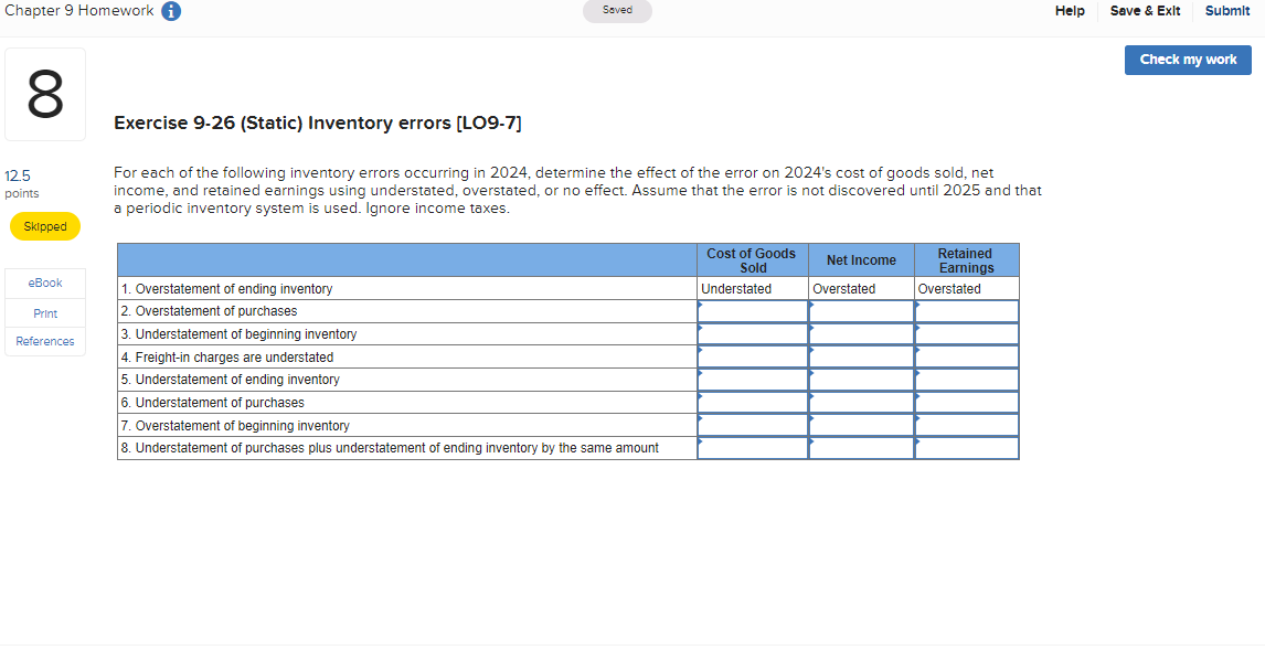 Solved Exercise 9-26 (Static) Inventory errors [LO9-7] For | Chegg.com