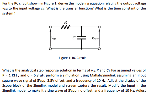 Solved For the RC circuit shown in Figure 1, derive the | Chegg.com