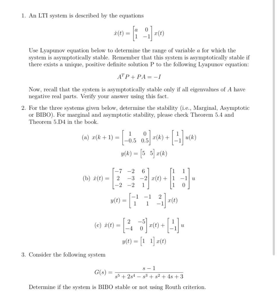 Solved 1. An LTI system is described by the equations | Chegg.com