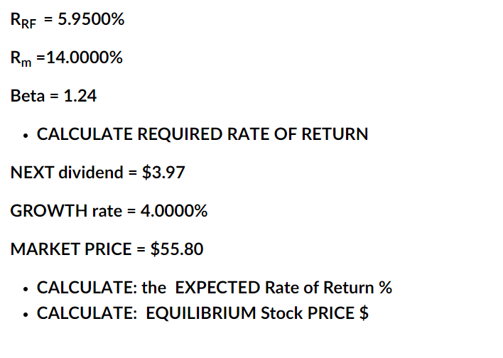 Solved RRF = 5.9500% Rm =14.0000% Beta = 1.24 CALCULATE | Chegg.com