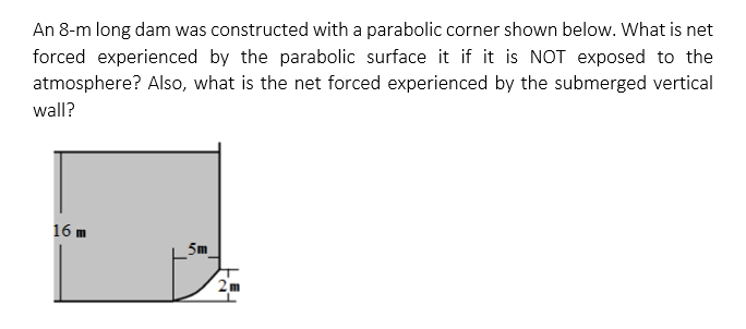 Solved An 8-m long dam was constructed with a parabolic | Chegg.com