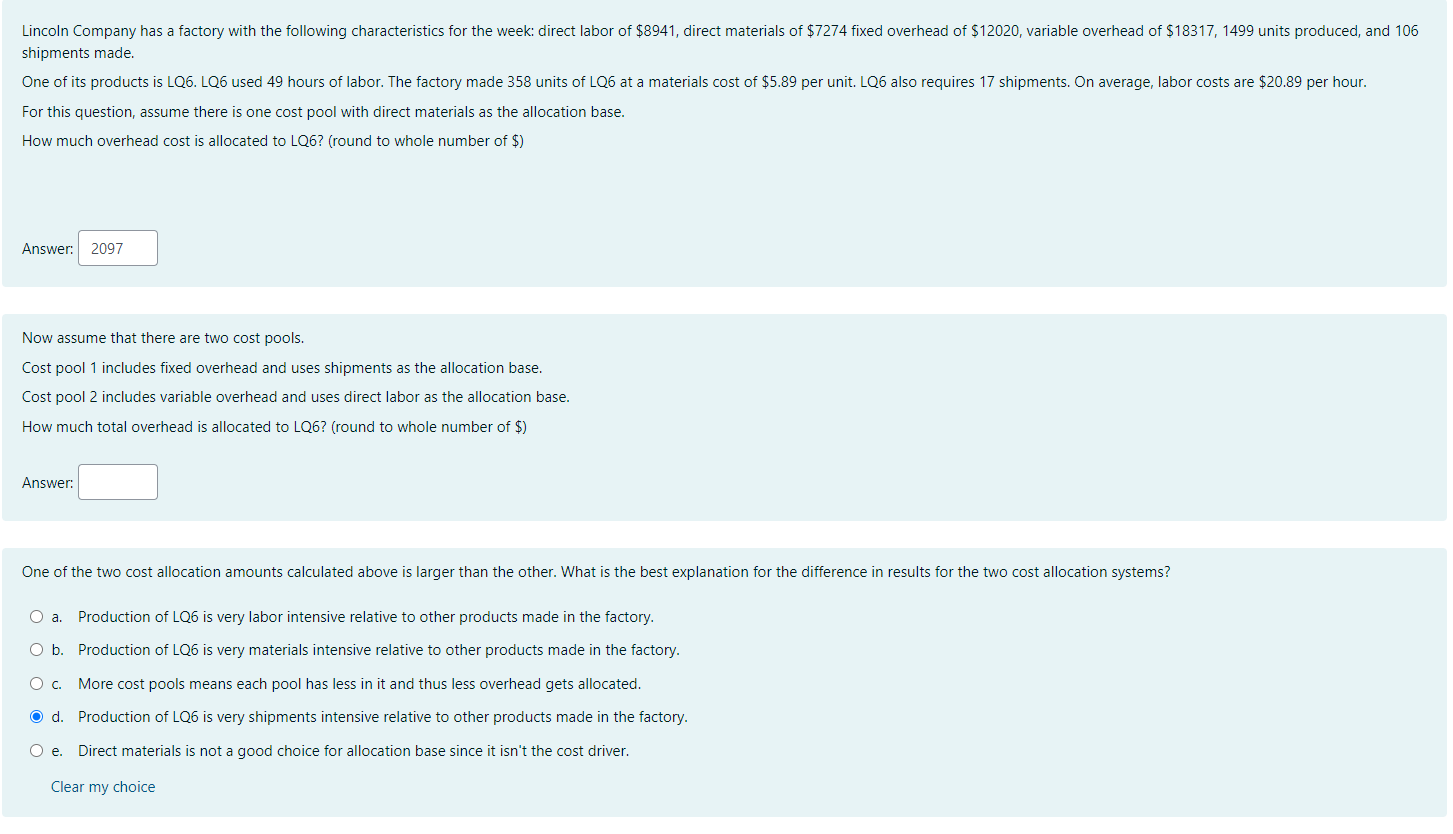 Solved Lincoln Company has a factory with the following | Chegg.com